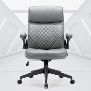 executive office chair, mid back computer desk chair with padded flip-up arms, adjustable height, backrest and rock, ergonomic leather chair swivel rolling chair for home office conference room-grey