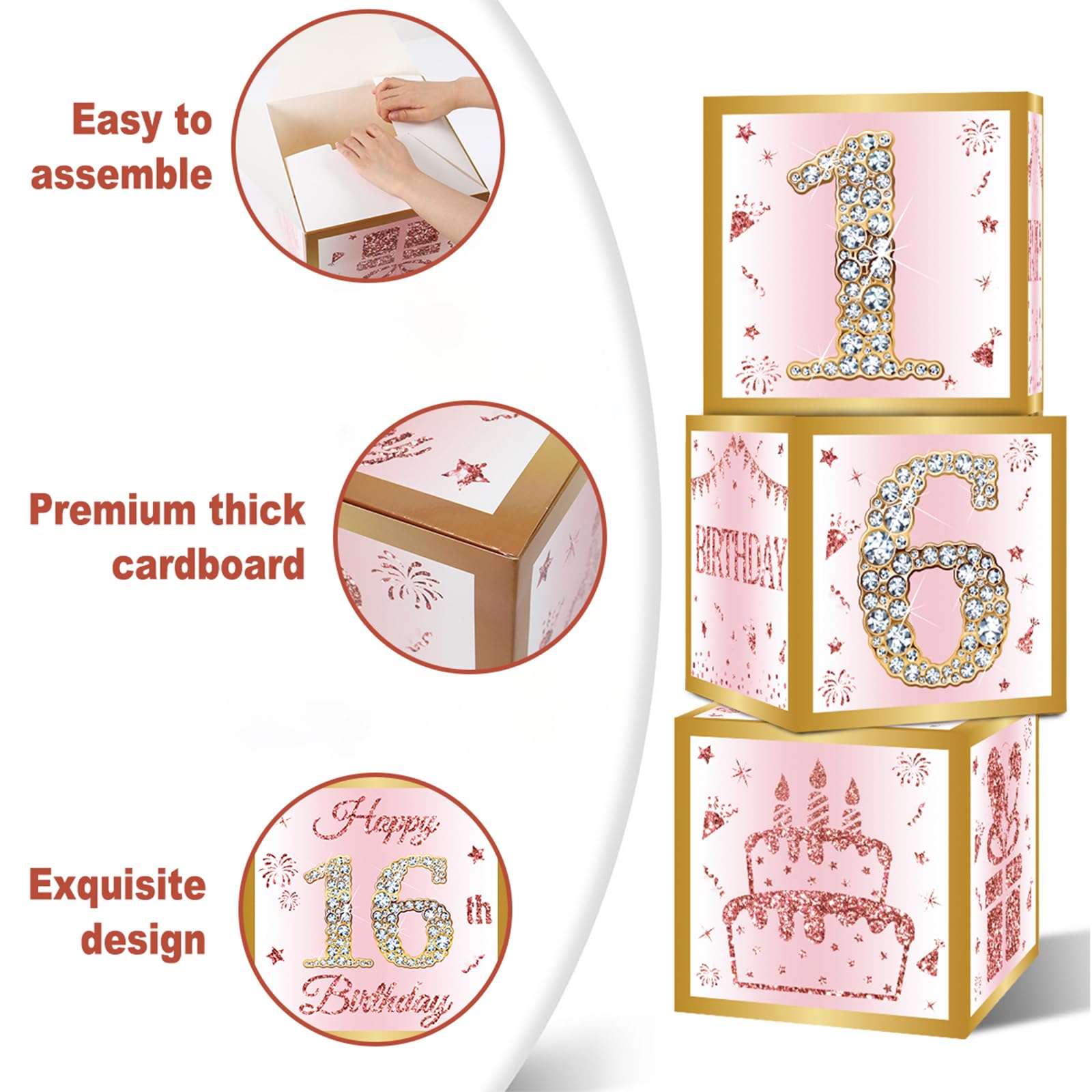 Sweet 16 Birthday Party Decorations Boxes for Girls - 3PCS Pink Rose Gold Happy 16th Birthday Balloons Boxes ,Sixteen Year Old Party Supplies for Girls