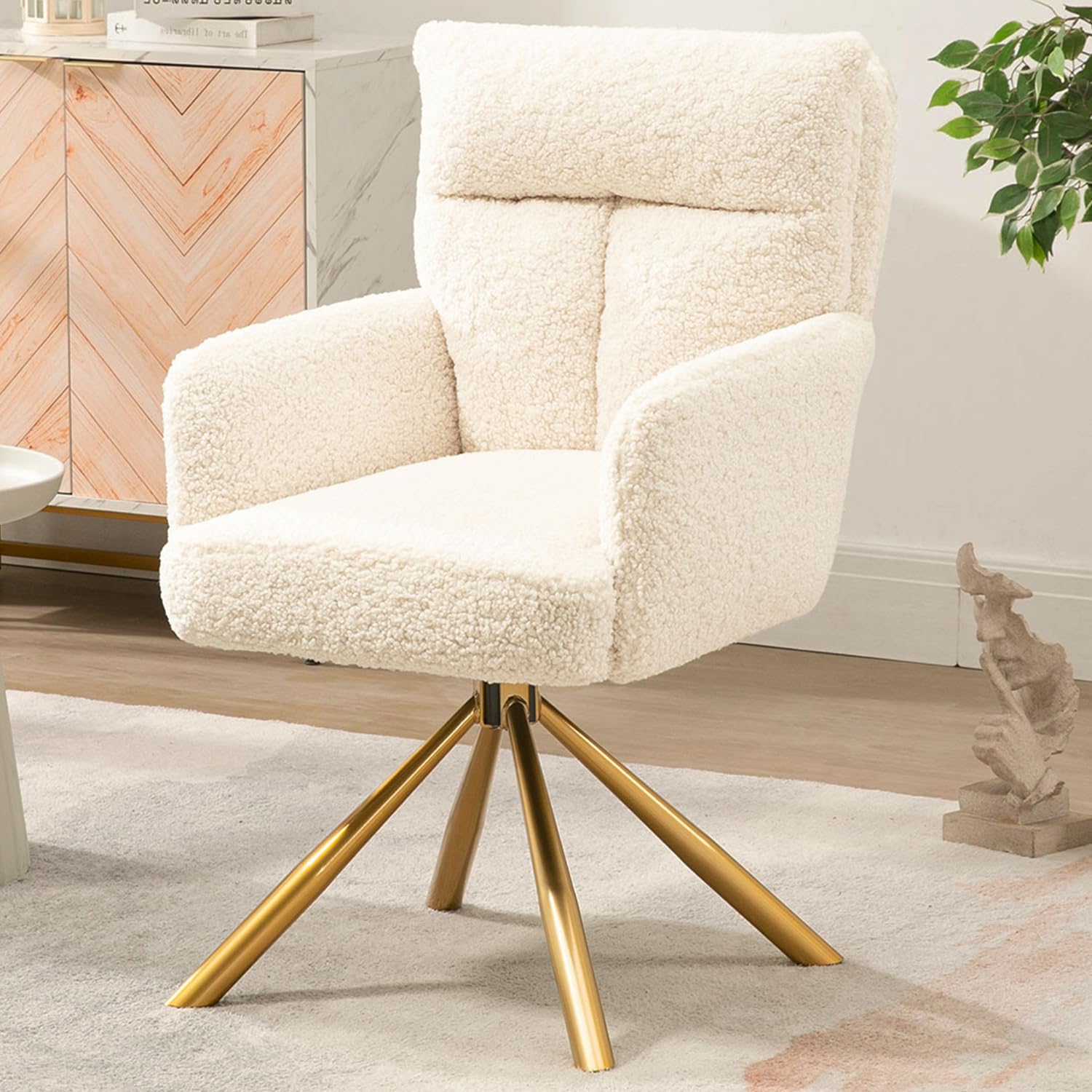 Ugijei Teddy Office Desk Chair No Wheels, Modern Vanity Chair with Gold Legs, Wide Seat Computer Task Chair for Home Office (Beige)