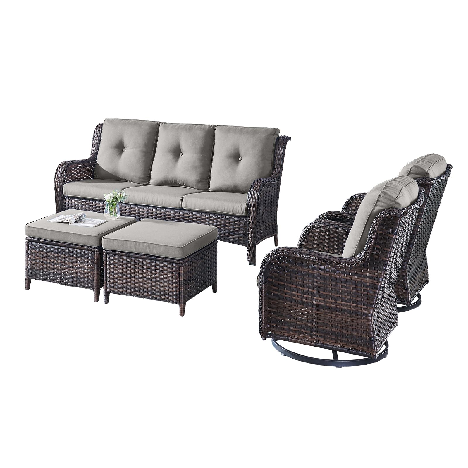 Outdoor Wicker Patio Furniture Set - 5 Pieces Rattan Patio Conversation Set with 2 Rocking Swivel Chairs,2 Ottomans and 1 Sofa for Porch Deck Backyard Garden(Brown/Grey)