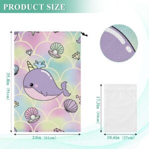 Cute Narwhal Laundry Bags, Drawstring Closure Dirty Clothes Bag Organizer, Heavy Duty Large Laundry Bag Storage, Rip-Stop Bags for Camp Travel, Machine Washable 24 x 35.8 Inch