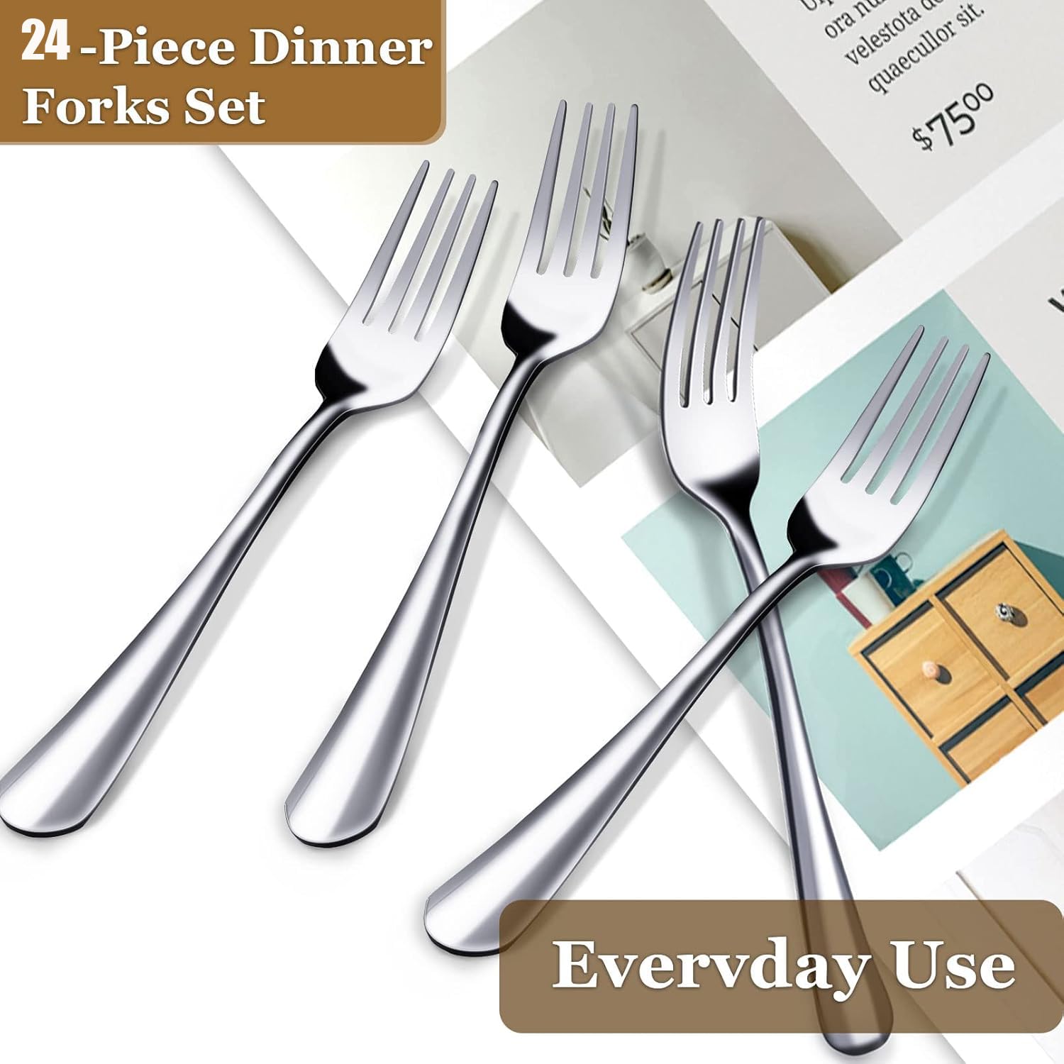 Jeffbaubl 24 PCS Dinner Forks, Stainless Steel Forks Silverware, Food Grade Table Forks, Silverware Forks Use for Home Kitchen Restaurant, Mirror Finish & Dishwasher Safe,8 Inch