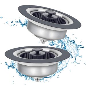 kitchen sink drain strainer, 3-in-1 304 stainless steel sink drain stopper with strainer basket, pop up anti-clogging odor filter for 3-1/2 inch standard kitchen drain, 2 pack