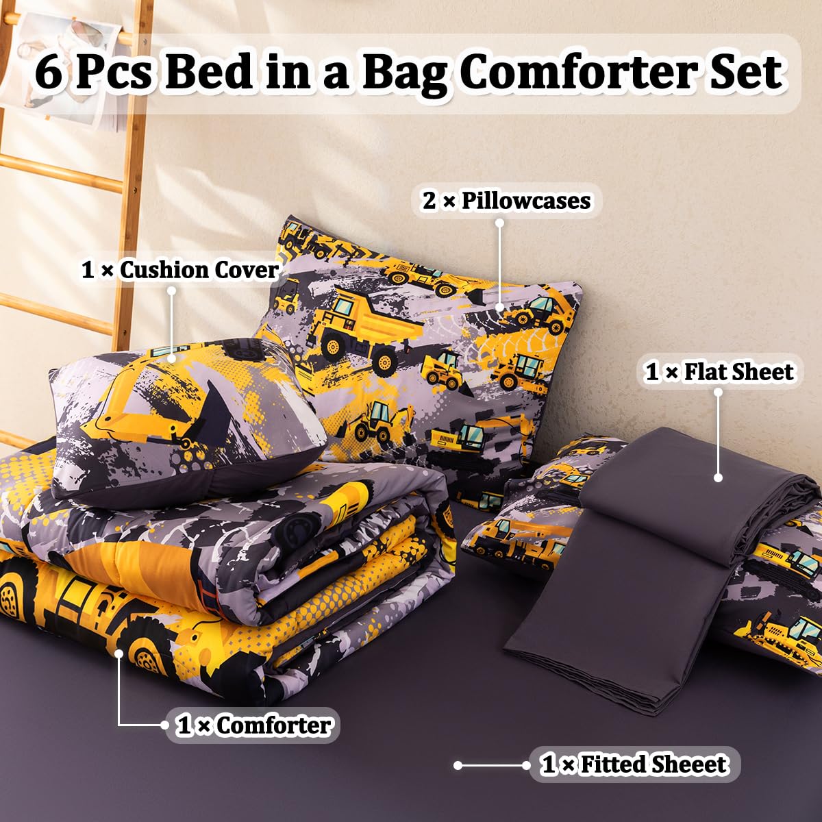 ASKOTU Truck Twin Bedding Set for Boys, 6 Pcs Kids Construction Truck Comforter Sets with Sheets, Construction Excavator Twin Boys Bedding Sets