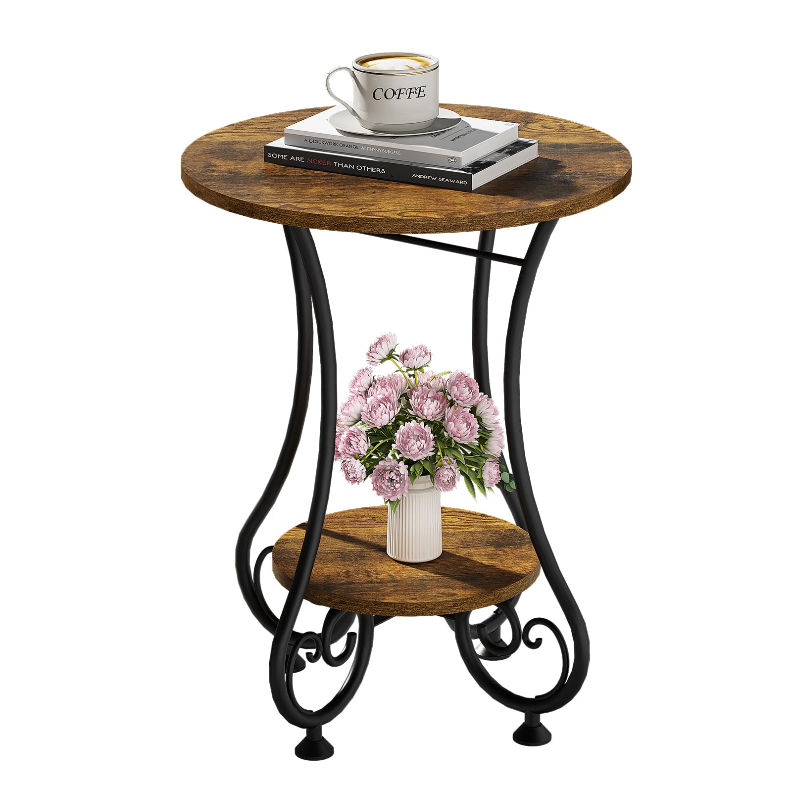 X-cosrack Round End Table, Industrial Retro Round Side Table for Small Spaces, Coffee Table for Living Room Balcony Bedroom Office,Stable Wood and Metal Frame,17.72" L x 17.72" W x 24.22" H