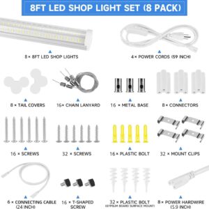 8FT LED Shop Light, U Shape 125W Integrated LED Tube Light, 6500K Clear White, 20000LM Super Bright LED Lighting, Flush Mount/Hanging, Linkable LED Shop Lights for Garage Workshop, Plug&Play, 8 Pack