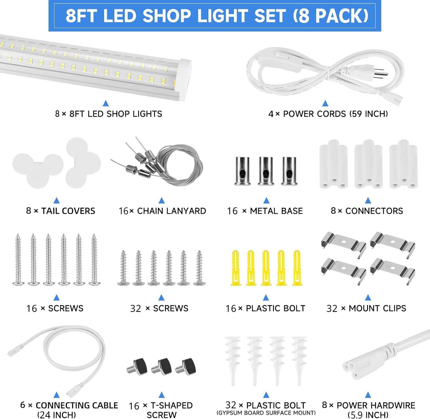 8FT LED Shop Light, U Shape 125W Integrated LED Tube Light, 6500K Clear White, 20000LM Super Bright LED Lighting, Flush Mount/Hanging, Linkable LED Shop Lights for Garage Workshop, Plug&Play, 8 Pack