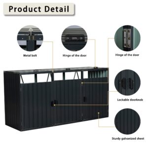 Jintop 94.48" Metal Garbage Bin Shed Stores with Ventilated and Lockable,Patio Furniture 3 Trash Cans Outdoor Sheds w/Rust-Proof & Scratch- Resistant,for Garden Yard Lawn,Black