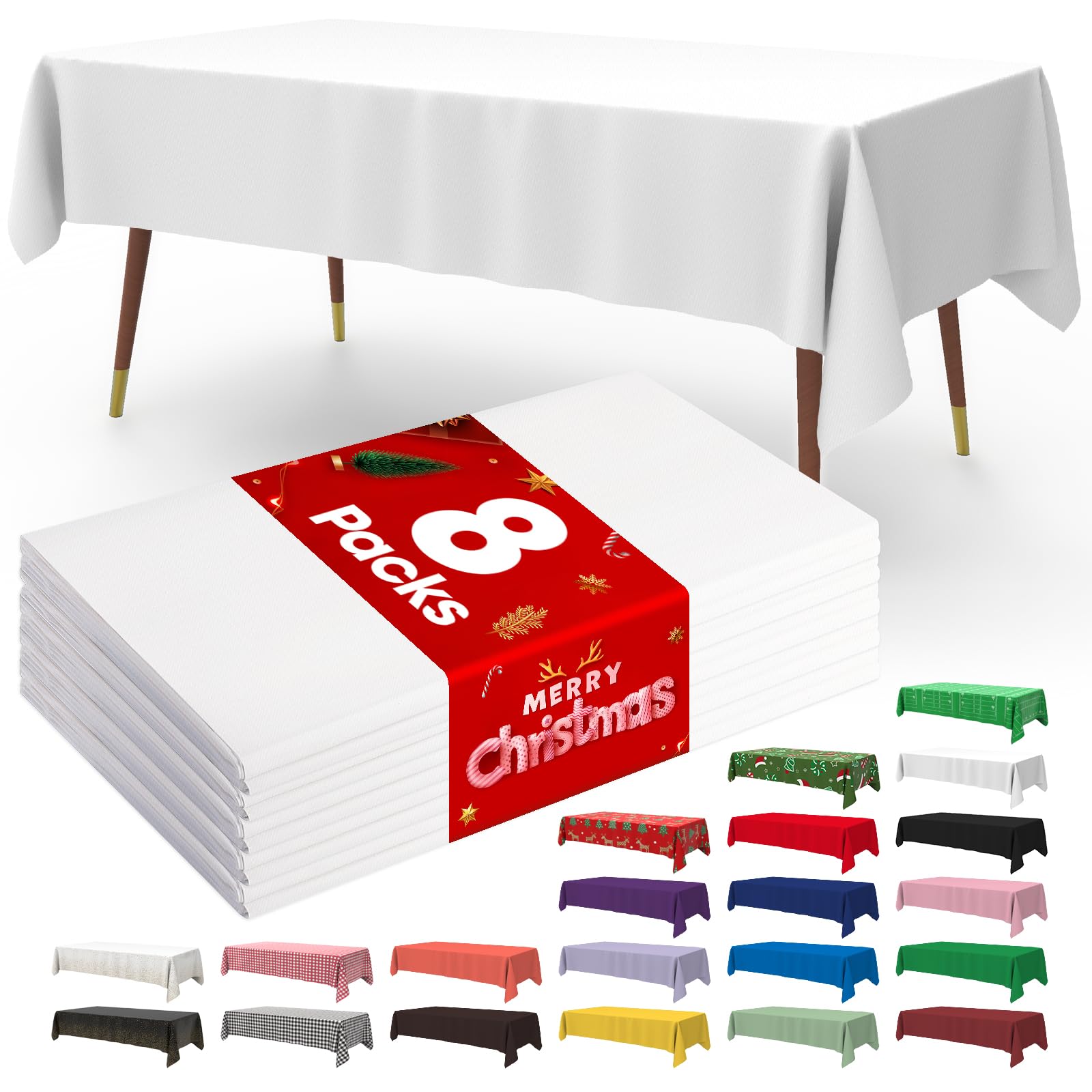 Pureegg Plastic Table Cloth Disposable - 8 Packs, Table Cloth for Retangle Table, 54"x108" Decorative Tablecloth for Parties, Picnics, Camping, Waterproof & Stain-Resistant, White