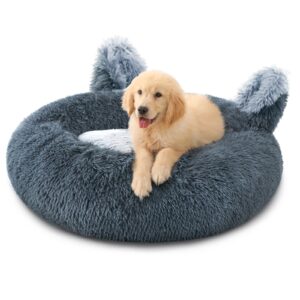 calming round pet bed for medium dogs - donut washable medium dog bed, anti-slip fluffy plush faux fur cat bed, fits up to 45 lbs pets, 30" grey