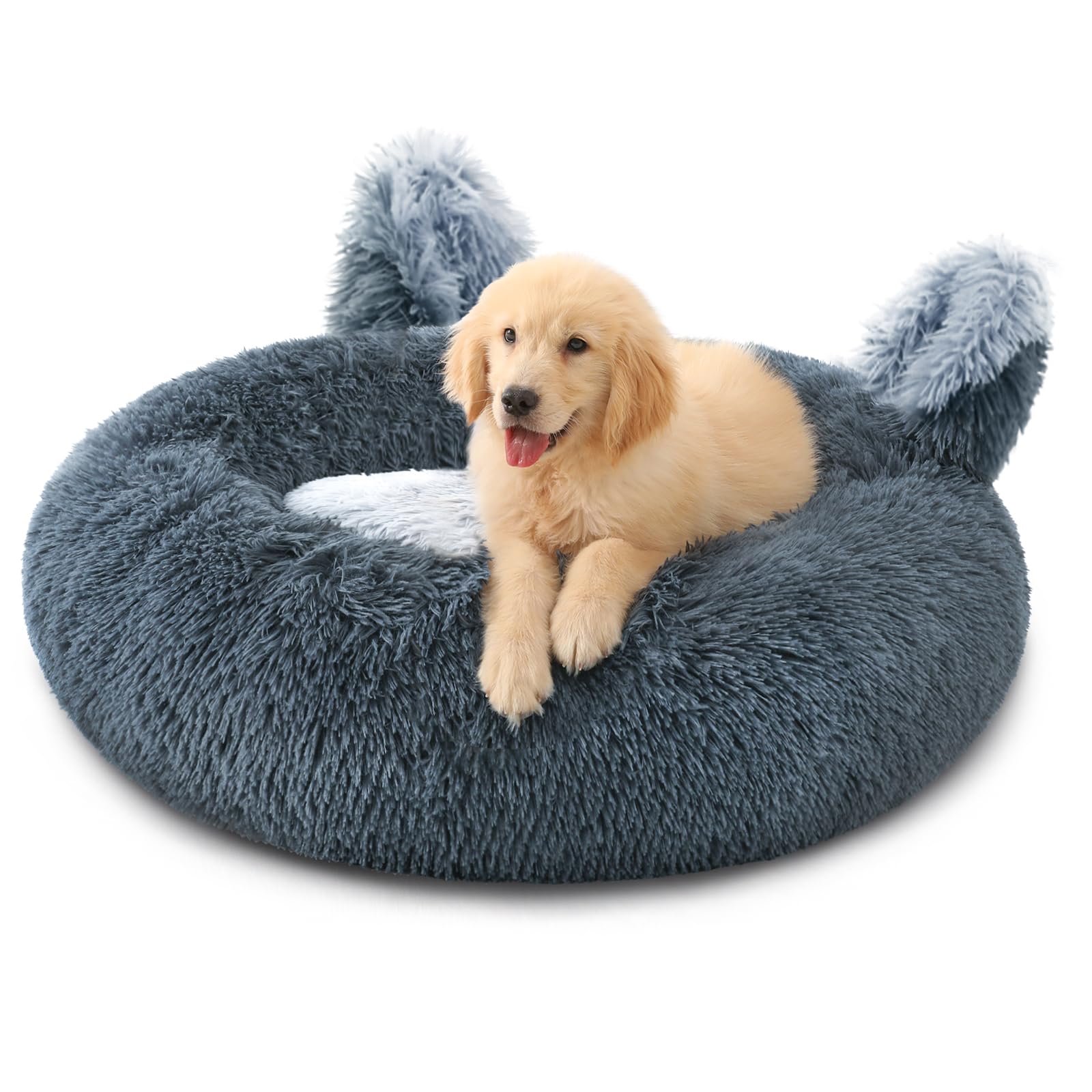 Calming Round Pet Bed for Medium Dogs - Donut Washable Medium Dog Bed, Anti-Slip Fluffy Plush Faux Fur Cat Bed, Fits up to 45 lbs Pets, 30" Grey