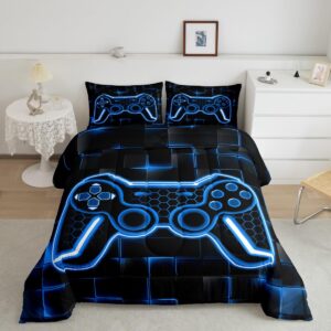 Feelyou Kids Gamer Comforter Set Twin Size Blue and Black Bedding Set for Boys Teens Decor Honeycomb Gaming Ombre Comforter Geometric Square Duvet Set 2Pcs