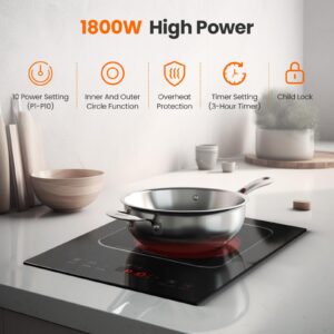 VEXMAECY Portable Countertop Burmer,Built-in Ceramic Cooktop,Electric Hot Plate Single Burner With Double Rings,Touch Electric Stove With Safety Lock,3H Timer,10 Power Levels For Home Cooking 1800W