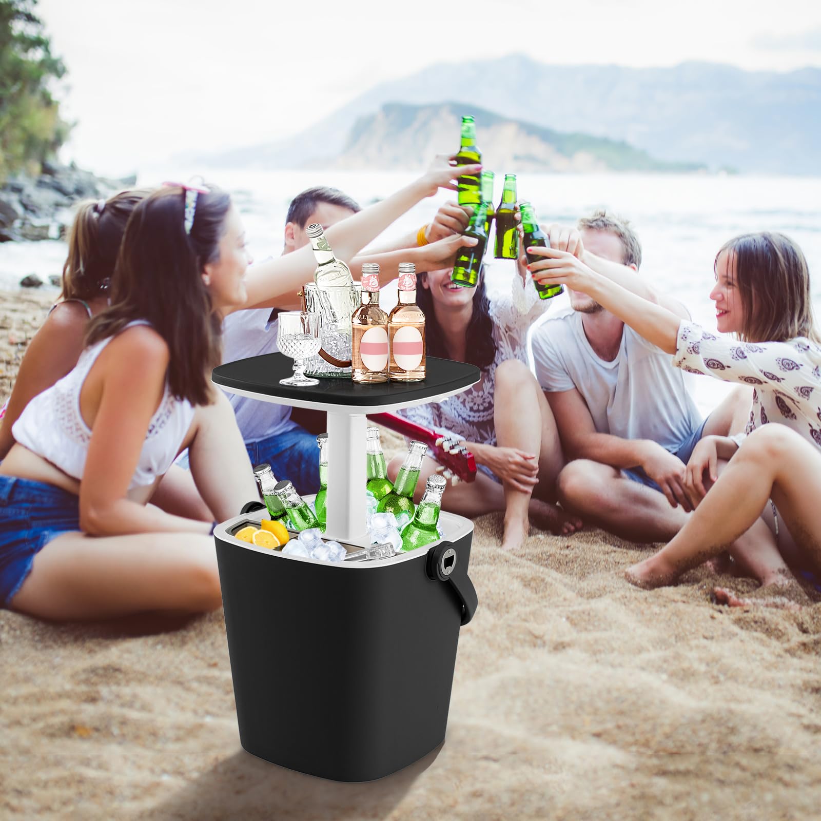 Giantex Cooler Outdoor Side Table - 4 Gallon Portable Beer Wine Ice Bucket with Handle, Lift Top Lid, Bottle Opener, Patio Cool Bar Table for Cocktail Beach Backyard Party Poolside Picnic (Black)