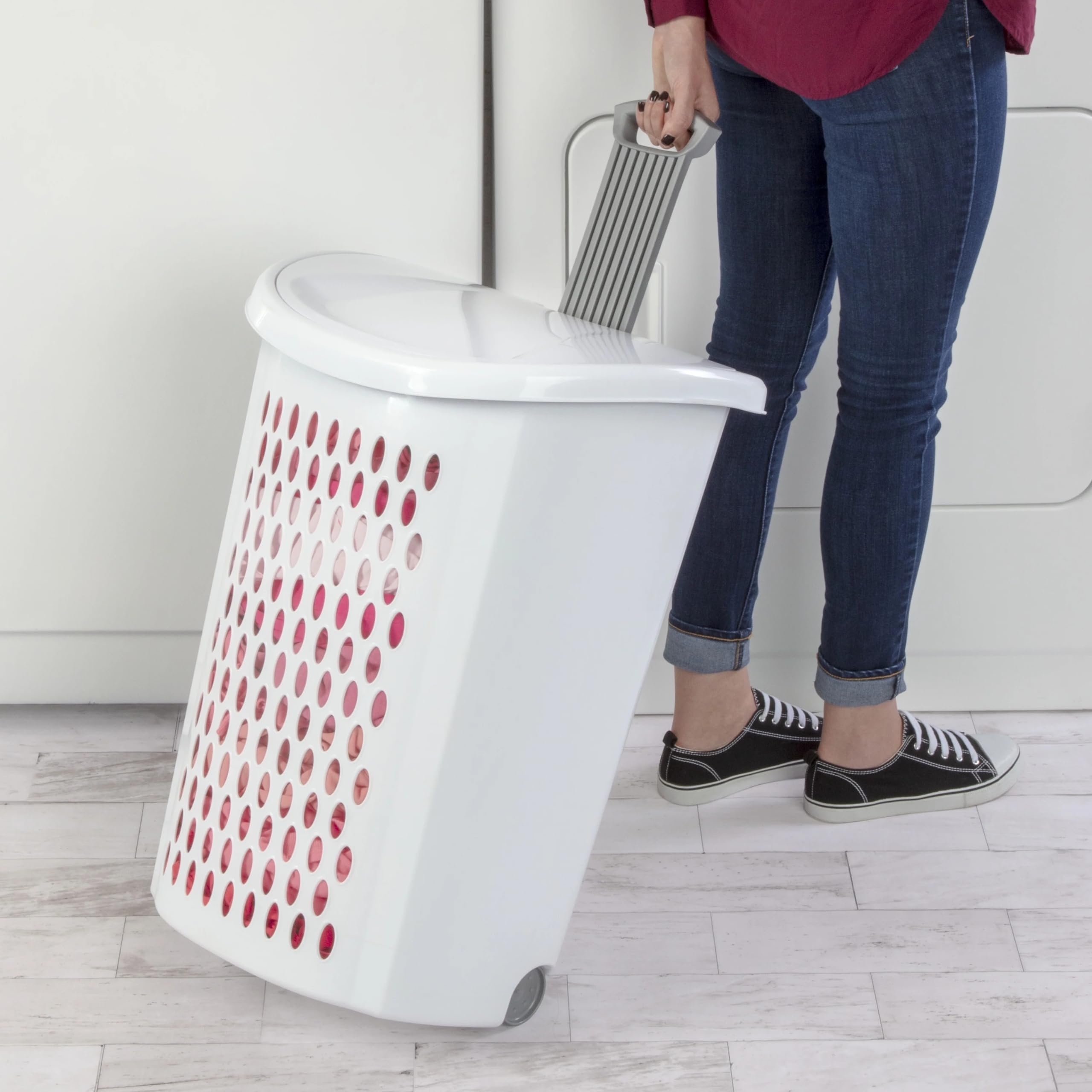 BHCHA Ultra Wheeled Design Clothes Laundry Basket, 135 Liter （20 1/8" x 15 3/8" x 26 3/4"）Capacity, Laundry Hamper White Lid & Base w/Plastic Handle & Wheels,1-Pack