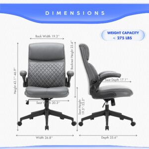 Executive Office Chair, Mid Back Computer Desk Chair with Padded Flip-up Arms, Adjustable Height, Backrest and Rock, Ergonomic Leather Chair Swivel Rolling Chair for Home Office Conference Room-Grey