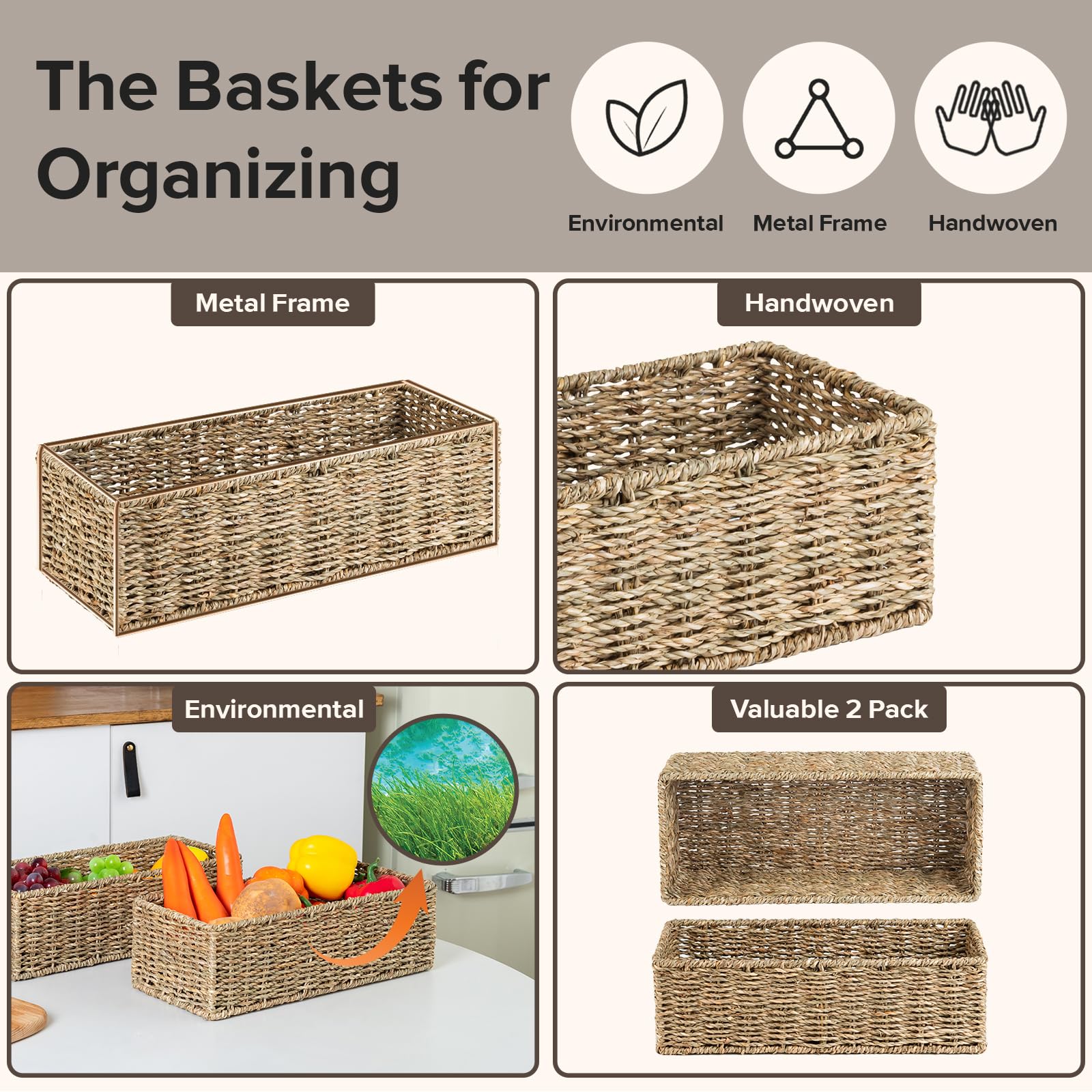 OEHID Small Wicker Baskets 2 Pack, Hand Woven Toilet Basket Tank Topper, Toilet Tank Basket for Bathroom Organizing, Seagrass Storage Baskets for Toilet Paper (14.4"Lx6.1"Wx4.4"H)