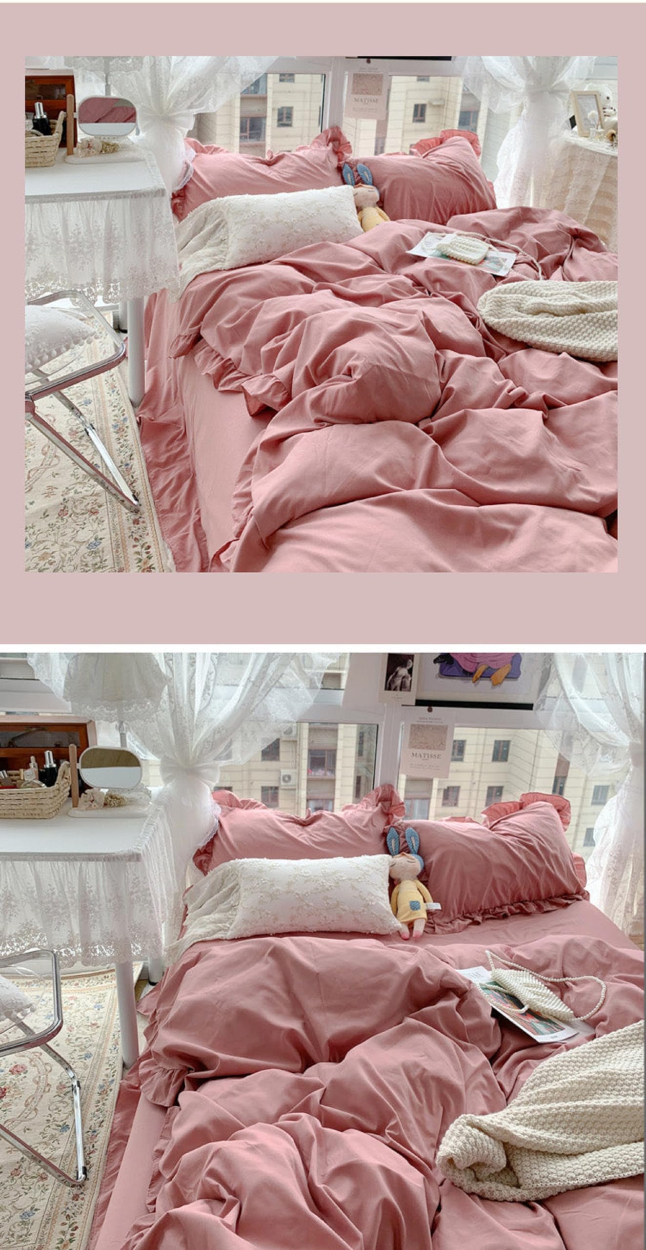 Magic bedding 3 Pcs Ruffled Cotton Duvet Cover in Pink Color, Bedding Set Ruffle Queen Duvet Cover King Bedding Set Comforter Cover Pink Twin Full Duvet Cover Set (Queen 90X90)