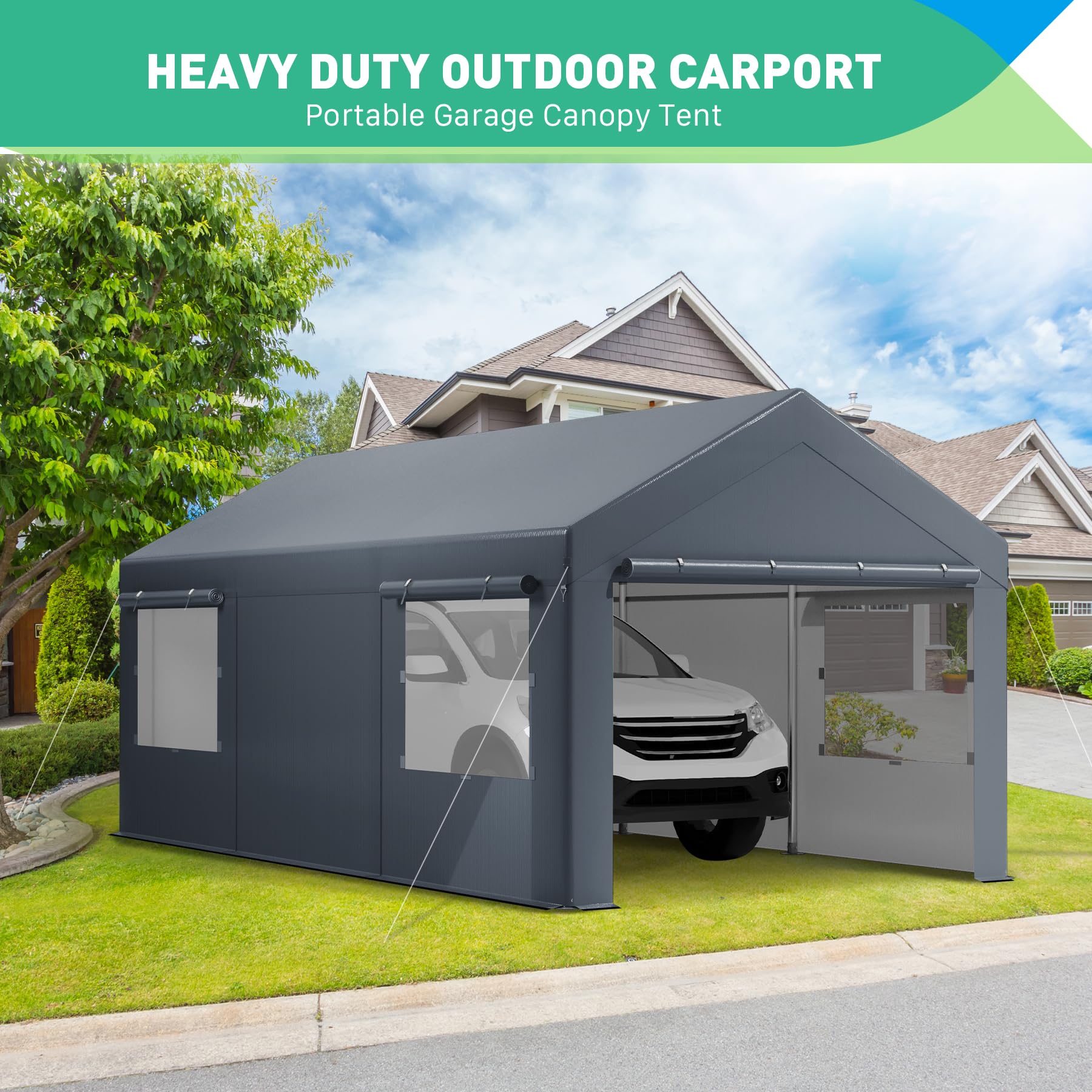 GarveeLife 10x20FT Heavy Duty Carport, Portable Garage with Sidewalls, Doors and Ventilated Windows, UV Resistant and Waterproof, Carports 10x20 Heavy Duty for Car, Bike, Boat, Party (Gray)