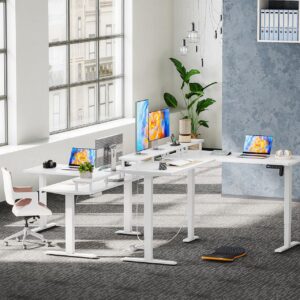 AODK Electric L-Shaped Standing Desk, Height Adjustable Office Desk with Monitor Stand, Sit-Stand Desk with Power Outlets, Large Lift Table for Home, Office, Workstation, White