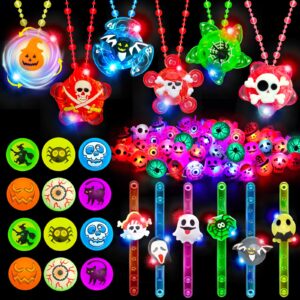 64pcs halloween party favors for kids, glow in the dark halloween toys bulk light up rings necklaces bracelet halloween goodie bag fillers stuffers halloween treats for classroom prizes trick or treat