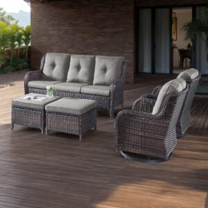 outdoor wicker patio furniture set - 5 pieces rattan patio conversation set with 2 rocking swivel chairs,2 ottomans and 1 sofa for porch deck backyard garden(brown/grey)