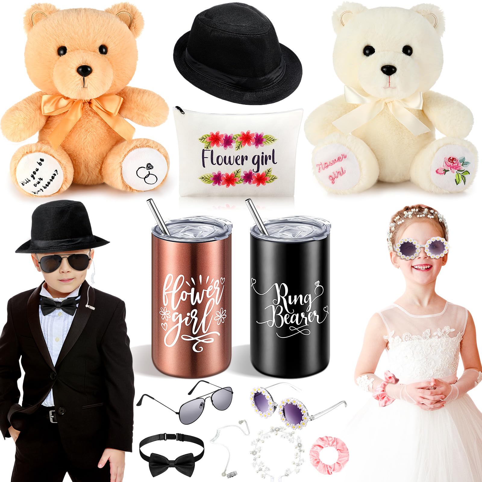 Mepase 12 Pcs Ring Bearer Gifts Include Wedding 10'' Bear Flower Girl Canvas Bag Sunglasses Tumbler With Straw Hair Ring Hat Flower Crown Earpiece Bowtie For Bride Shower Party