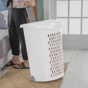 BHCHA Ultra Wheeled Design Clothes Laundry Basket, 135 Liter （20 1/8" x 15 3/8" x 26 3/4"）Capacity, Laundry Hamper White Lid & Base w/Plastic Handle & Wheels,1-Pack