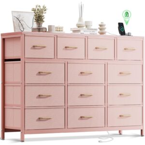 casaottima dresser for bedroom with charging station, 57" long dresser with 13 storage drawers, large fabric dressers chests of drawers with shelves, pink