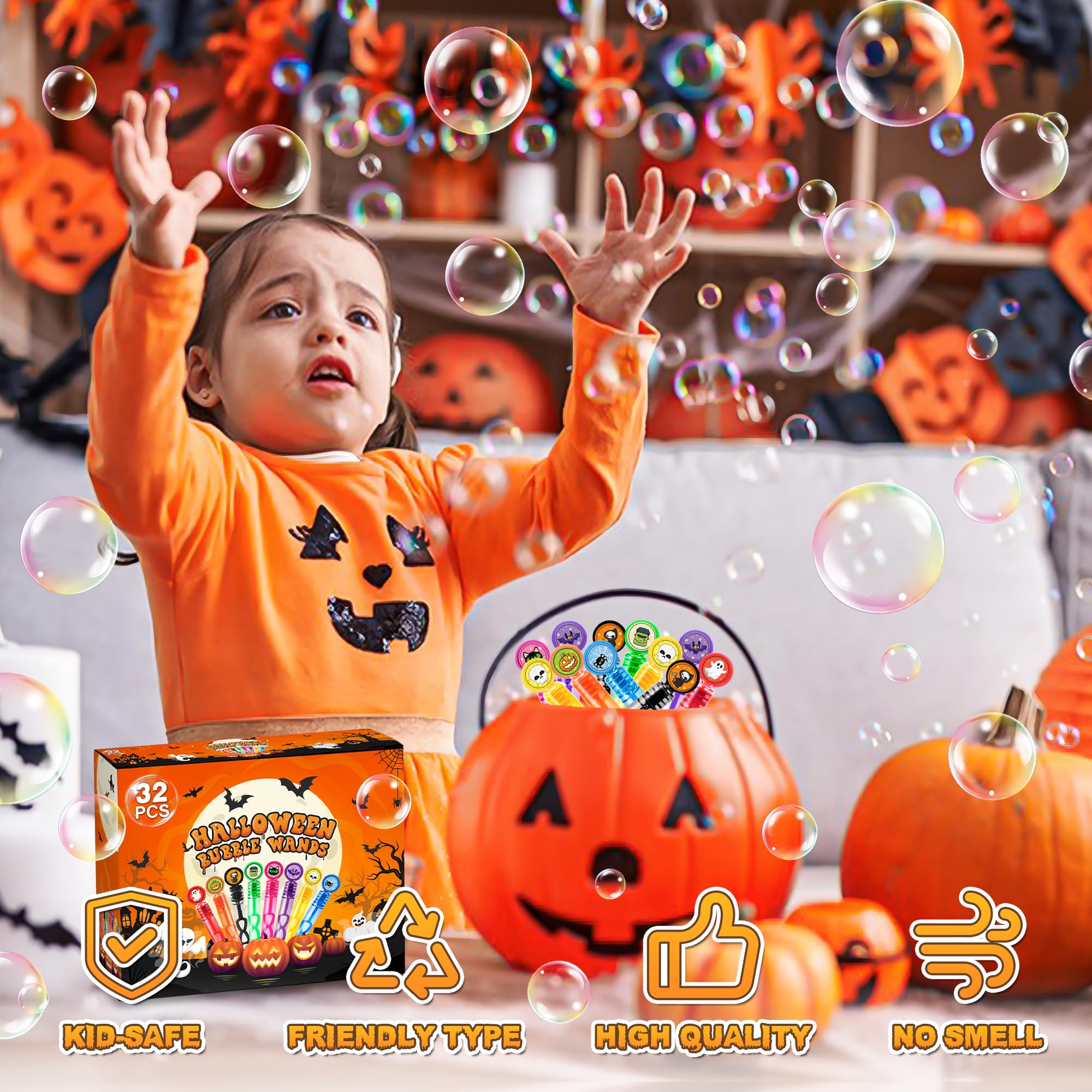 32 Pcs Halloween Party Favors Bubble Wands for Kids Halloween Basket Stuffers Goodie Bag Fillers, Halloween Toys Treats Non Candy Bulk Classroom Prizes Favors for Toddlers Kids Birthday Party Supplies