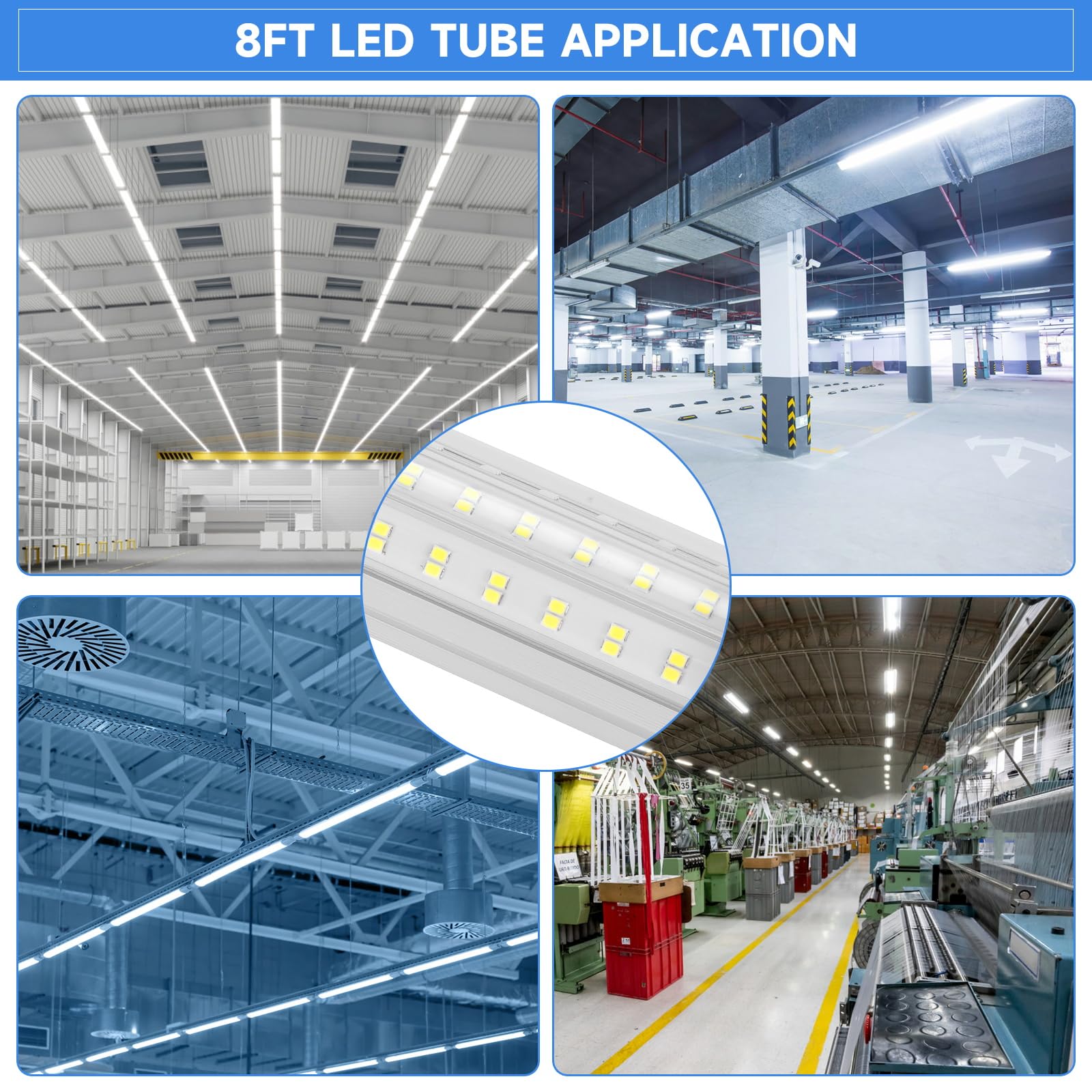 8FT LED Shop Light, U Shape 125W Integrated LED Tube Light, 6500K Clear White, 20000LM Super Bright LED Lighting, Flush Mount/Hanging, Linkable LED Shop Lights for Garage Workshop, Plug&Play, 8 Pack