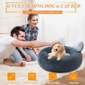 Calming Round Pet Bed for Medium Dogs - Donut Washable Medium Dog Bed, Anti-Slip Fluffy Plush Faux Fur Cat Bed, Fits up to 45 lbs Pets, 30" Grey