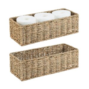 oehid small wicker baskets 2 pack, hand woven toilet basket tank topper, toilet tank basket for bathroom organizing, seagrass storage baskets for toilet paper (14.4"lx6.1"wx4.4"h)