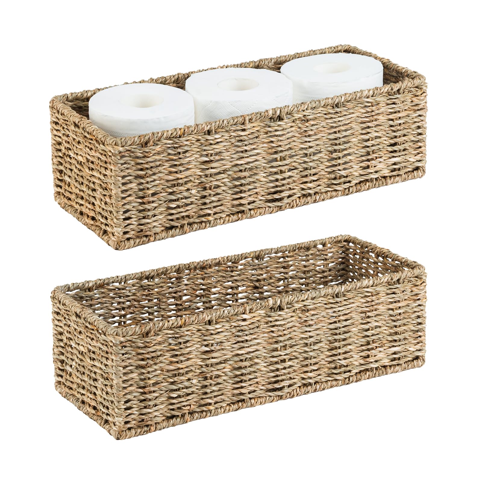 OEHID Small Wicker Baskets 2 Pack, Hand Woven Toilet Basket Tank Topper, Toilet Tank Basket for Bathroom Organizing, Seagrass Storage Baskets for Toilet Paper (14.4"Lx6.1"Wx4.4"H)