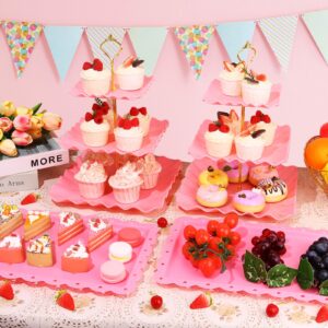 DI QIU REN 8 Pcs Dessert Table Display Set Plastic Square Pink Cupcake Stand 2Pcs 3 Tier Cupcake Stands with Gold Rod Cookie Tray Rack Serving Tower 6Pcs Dessert Trays for Tea Party Baby Shower