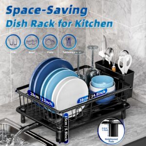 GAOKASE Dish Drying Rack, Space-Saving Dish Rack, Dish Racks for Kitchen Counter, Drying Rack Kitchen with Removable Utensil Holder, Drainboard and Adjustable Spout, 11''W x 15''L, Black