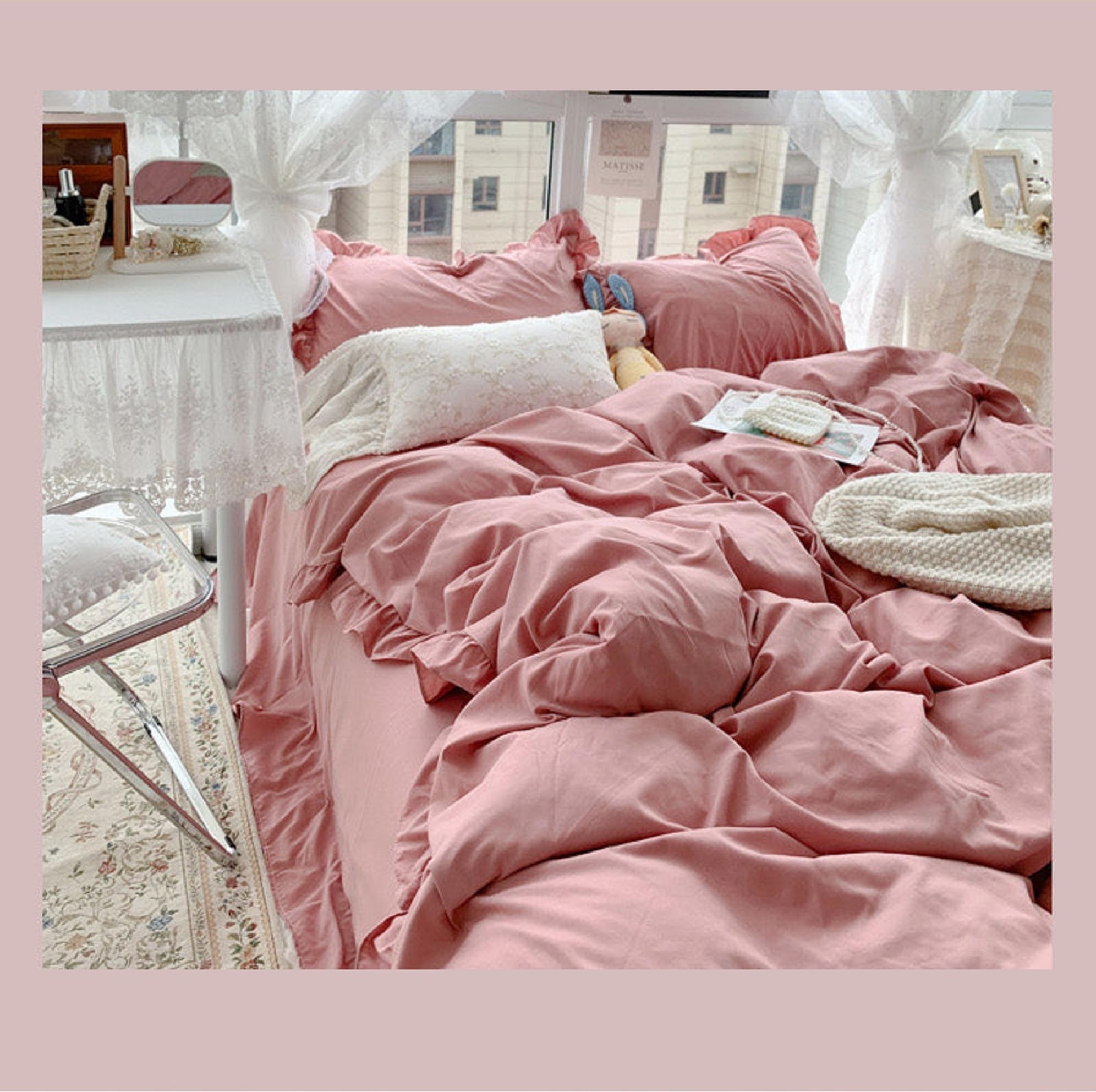 Magic bedding 3 Pcs Ruffled Cotton Duvet Cover in Pink Color, Bedding Set Ruffle Queen Duvet Cover King Bedding Set Comforter Cover Pink Twin Full Duvet Cover Set (Queen 90X90)