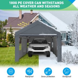 GarveeLife 10x20FT Heavy Duty Carport, Portable Garage with Sidewalls, Doors and Ventilated Windows, UV Resistant and Waterproof, Carports 10x20 Heavy Duty for Car, Bike, Boat, Party (Gray)