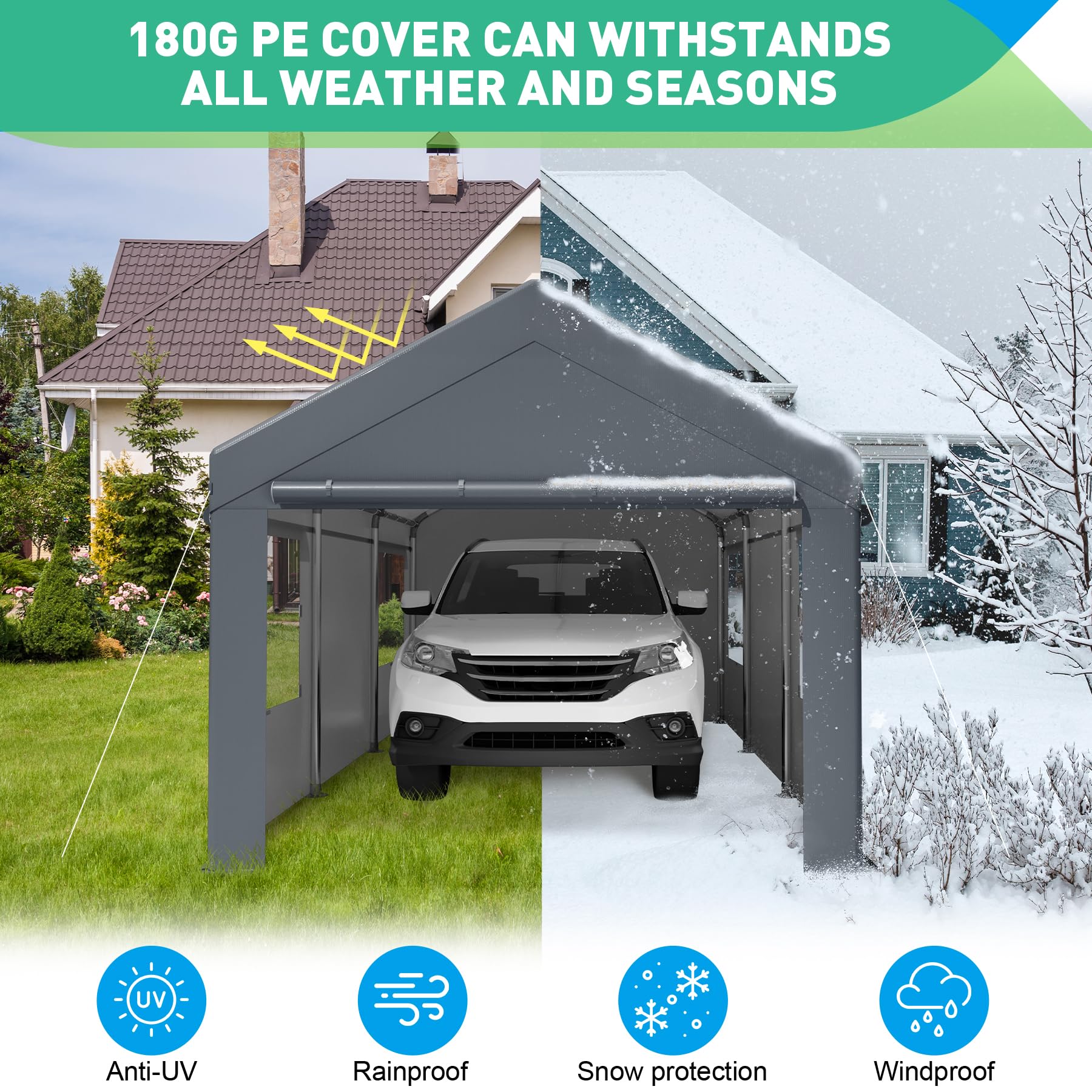 GarveeLife 10x20FT Heavy Duty Carport, Portable Garage with Sidewalls, Doors and Ventilated Windows, UV Resistant and Waterproof, Carports 10x20 Heavy Duty for Car, Bike, Boat, Party (Gray)