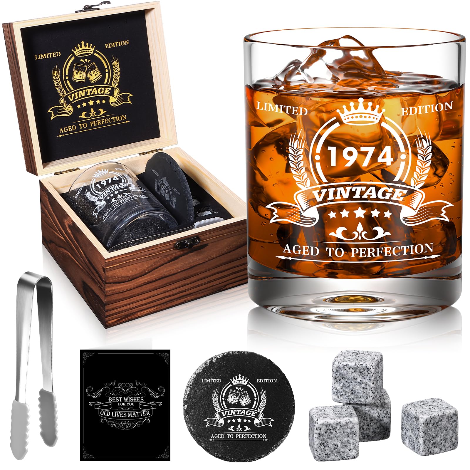 veecom 50th Birthday Gifts for Him, 1974 Whiskey Glasses 12oz, 50th Birthday Gifts for Men, Dad, Husband, 50th Birthday Gift Ideas, 50th Birthday Decorations Men, Bourbon Gifts for Men, Wood Box