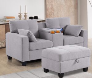 generic loveseat sofa with storage ottoman & console cupholders, 2 seater modular couch with charging station modern velvet small sectional couch for aparment,home office, light grey, f8001list