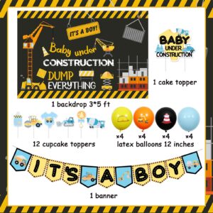 Balterever Construction Baby Shower Decorations for Boys With Construction It’s a Boy Banner Dump Truck Cake Cupcake Toppers Construction Baby Shower Backdrop for Under Construction Theme Party