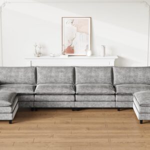 Flamaker Modular Sectional Sofa Couch, Fabric Reversible U Shaped Sofa Couch Cloud Couch with 2 Ottoman, 4-Seat Sectional Sofa Couches for Living Room, Apartment(Grey)