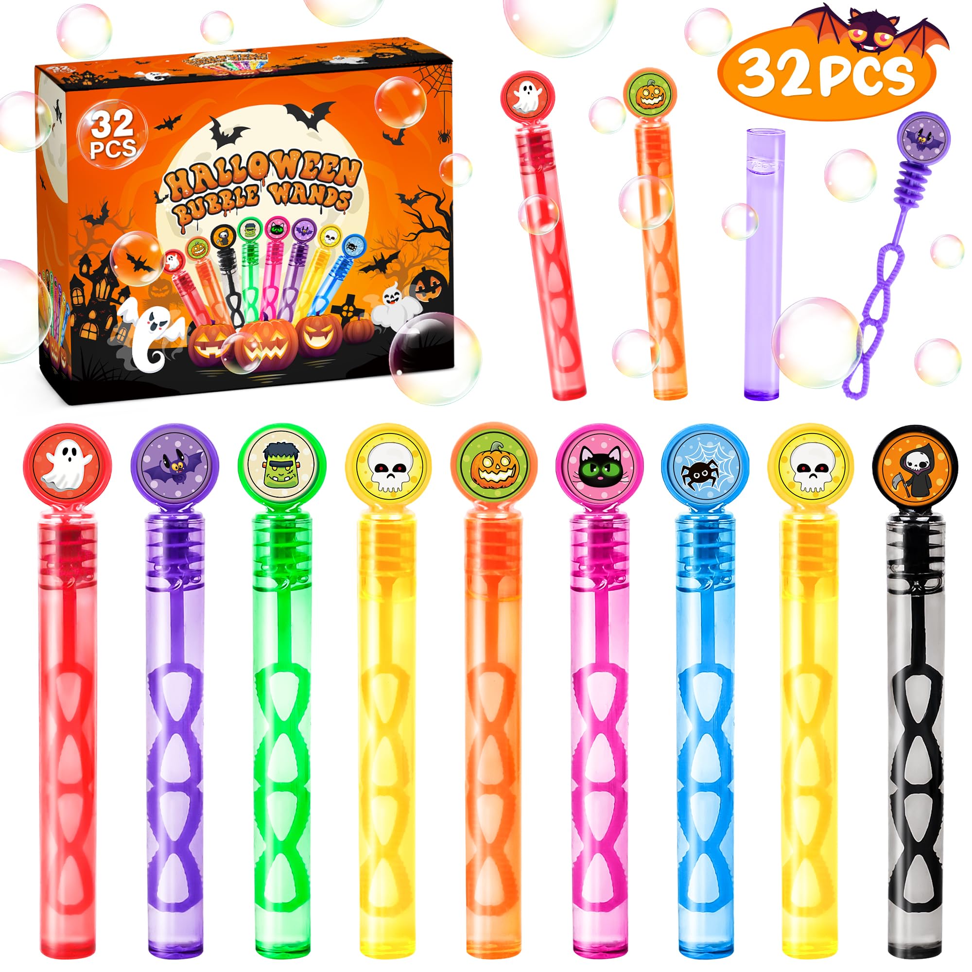 32 Pcs Halloween Party Favors Bubble Wands for Kids Halloween Basket Stuffers Goodie Bag Fillers, Halloween Toys Treats Non Candy Bulk Classroom Prizes Favors for Toddlers Kids Birthday Party Supplies