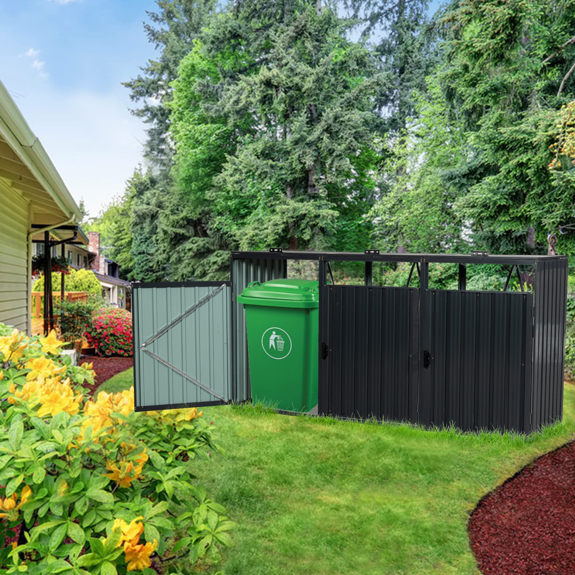 Jintop 94.48" Metal Garbage Bin Shed Stores with Ventilated and Lockable,Patio Furniture 3 Trash Cans Outdoor Sheds w/Rust-Proof & Scratch- Resistant,for Garden Yard Lawn,Black