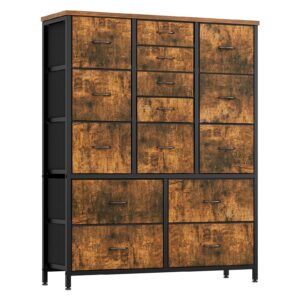 Patikuin Dresser for Bedroom with 15 Drawers, Tall Dresser & Chests of Drawers, Fabric Storage Dresser for Closet, Hallway, Living Room, Rustic Brown