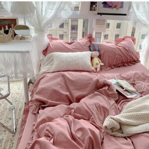 Magic bedding 3 Pcs Ruffled Cotton Duvet Cover in Pink Color, Bedding Set Ruffle Queen Duvet Cover King Bedding Set Comforter Cover Pink Twin Full Duvet Cover Set (Queen 90X90)