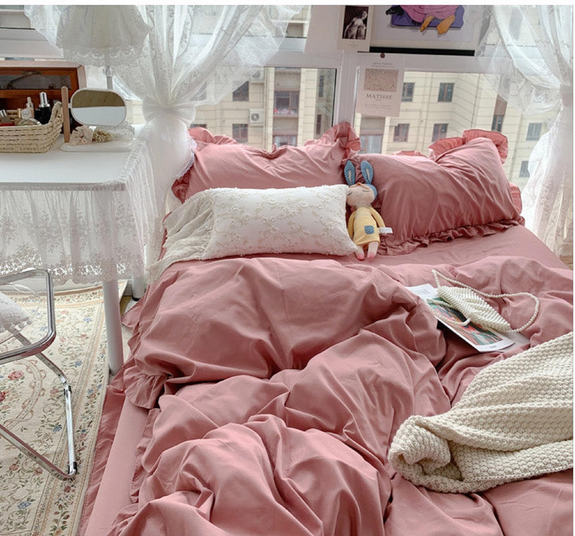 Magic bedding 3 Pcs Ruffled Cotton Duvet Cover in Pink Color, Bedding Set Ruffle Queen Duvet Cover King Bedding Set Comforter Cover Pink Twin Full Duvet Cover Set (Queen 90X90)