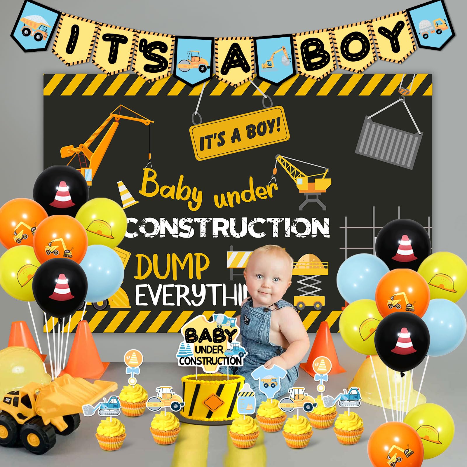 Balterever Construction Baby Shower Decorations for Boys With Construction It’s a Boy Banner Dump Truck Cake Cupcake Toppers Construction Baby Shower Backdrop for Under Construction Theme Party