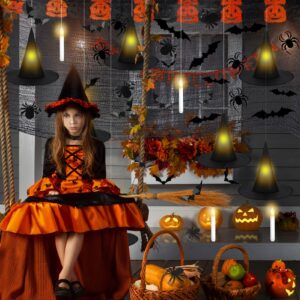 Halloween Hanging Witch Hats with Taper Floating Candles Set Includes 12 Witch Hats 12 Floating Candles with Remote 36 3D Spider Bat Stickers 1 Black Creepy Cloth Halloween Decorations Yard Decor